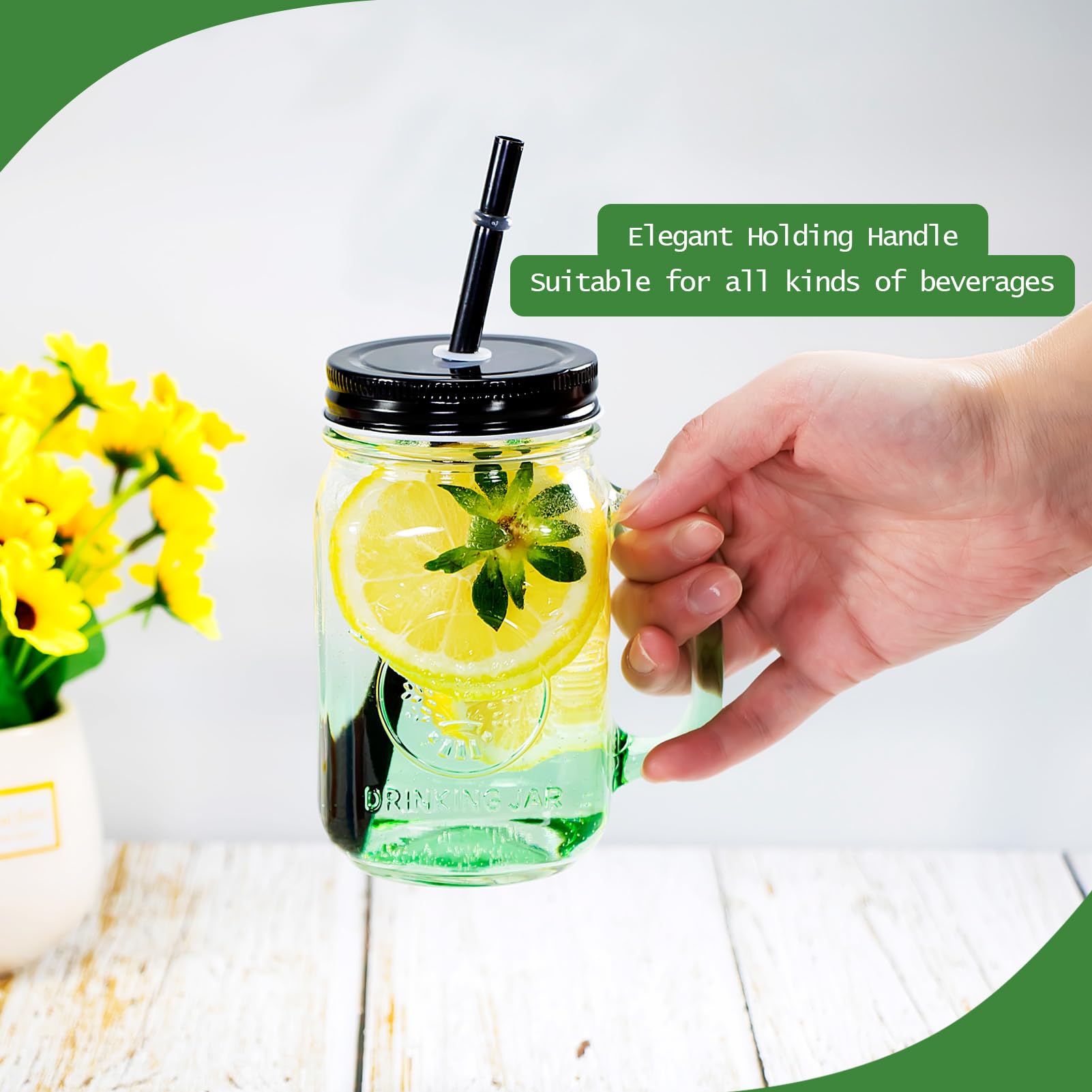 16 OZ Mason Jars with Lids and Straws,Glass Mugs with Handle Set of 4/6 Drinking Glasses,Large Wide Mason Jars Cup Set (Green, 6)
