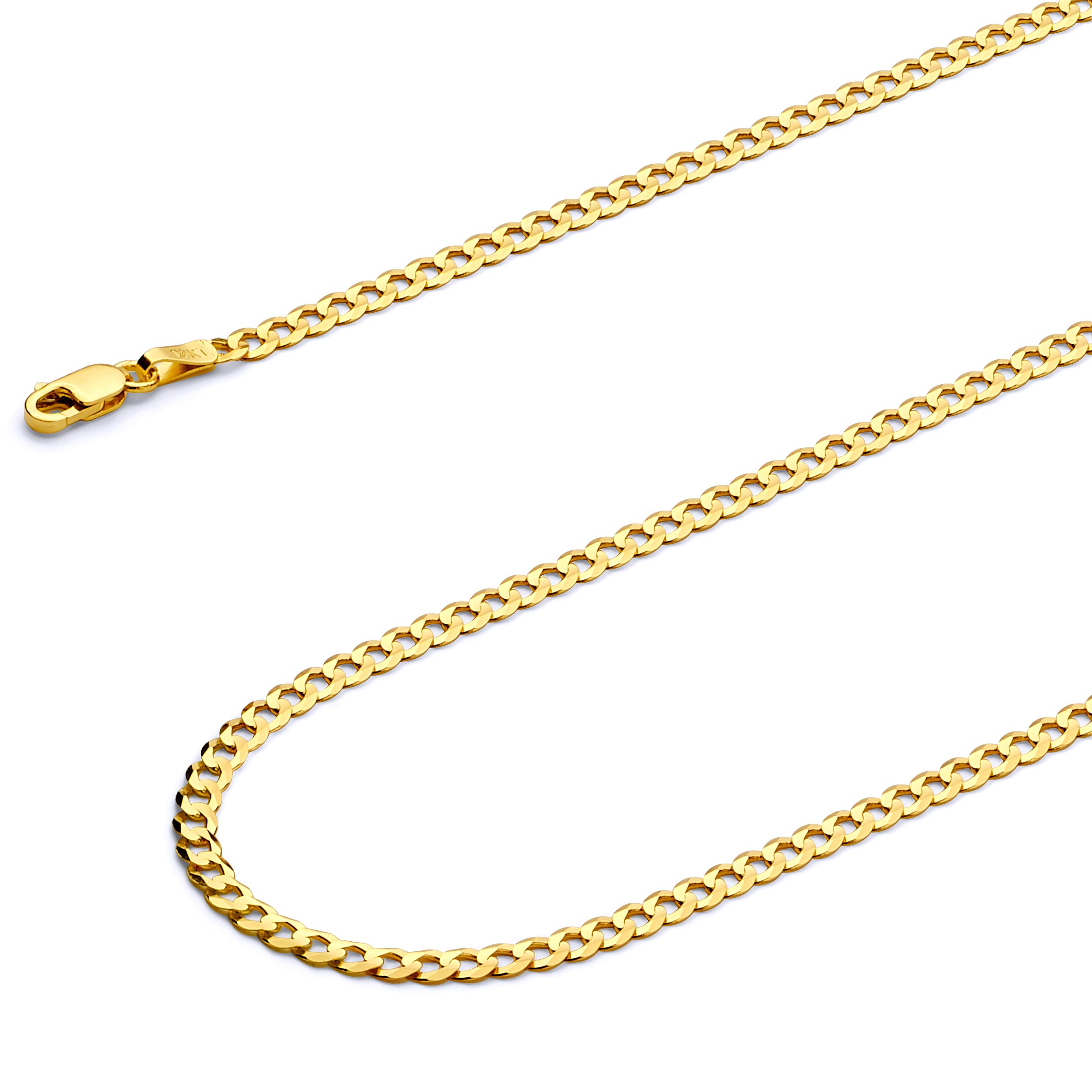14k REAL Yellow Gold Solid 3mm Cuban Concave Curb Chain Bracelet with Lobster Claw Clasp - 7"