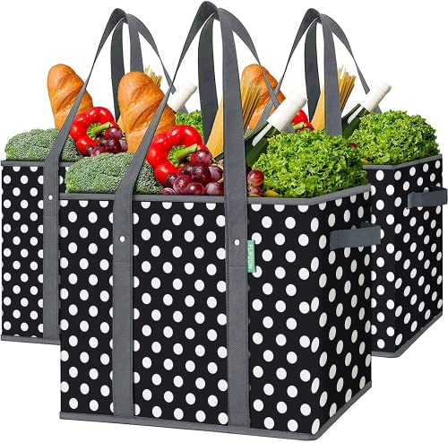 Flipzon 3 Pack Reusable Grocery Shopping Bags Foldable Washable Storage Baskets Bins Box for Groceries(B-W)