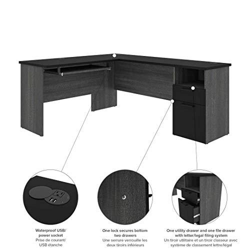 Bestar Norma L-Shaped Desk with Hutch, 71W, Black & Bark Gray