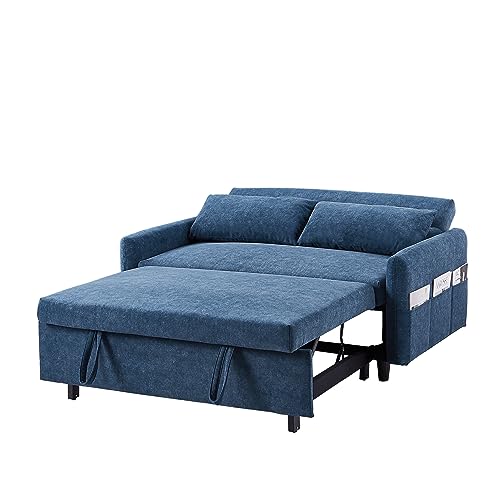 55.1" Pull Out Sofa Bed, 2 Seater Loveseats Sofa Couch with Adjustable Backrest, Storage Pockets, 2 Soft Pillows, Convertible Sleeper Sofa Bed for Living Room Bedroom Apartment Office (Blue 091)
