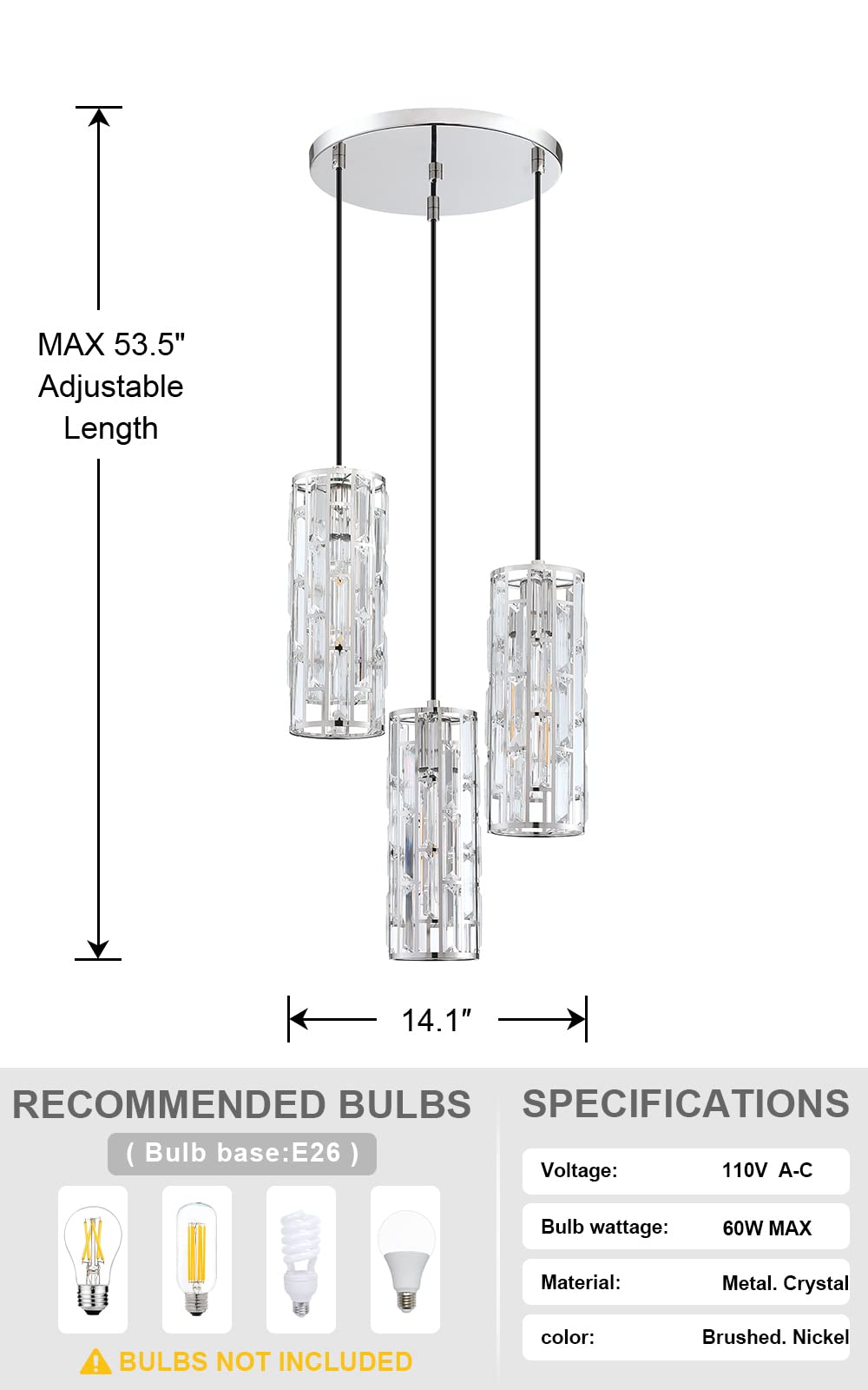 2 Pack 1 Light 5.5" Hanging Kitchen Island Pendant Light Crystal Nickel Finish,Modern Concise Pendant Fixture with Crystal Metal Shade for Bar,Dining Room,Corridor,Living Room Over Sink
