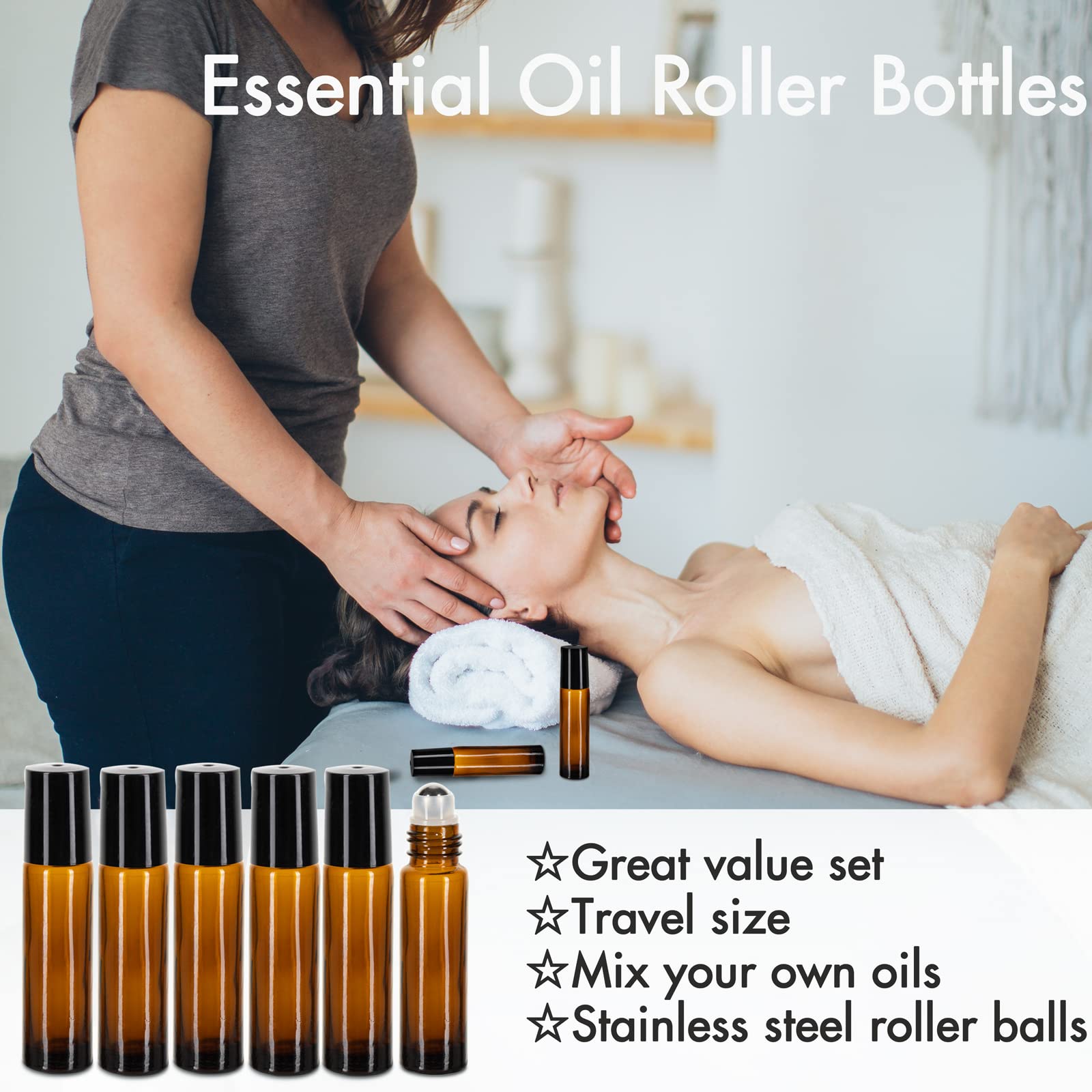 12 Pack Essential Oil Roller Bottles, 10ml Roller Balls for Essential Oils, Amber Glass Roller Bottles, Roll on Bottles with Stainless Steel Roller Balls, Labels, 1*Openers, 1*Funnels, 2*Dropper