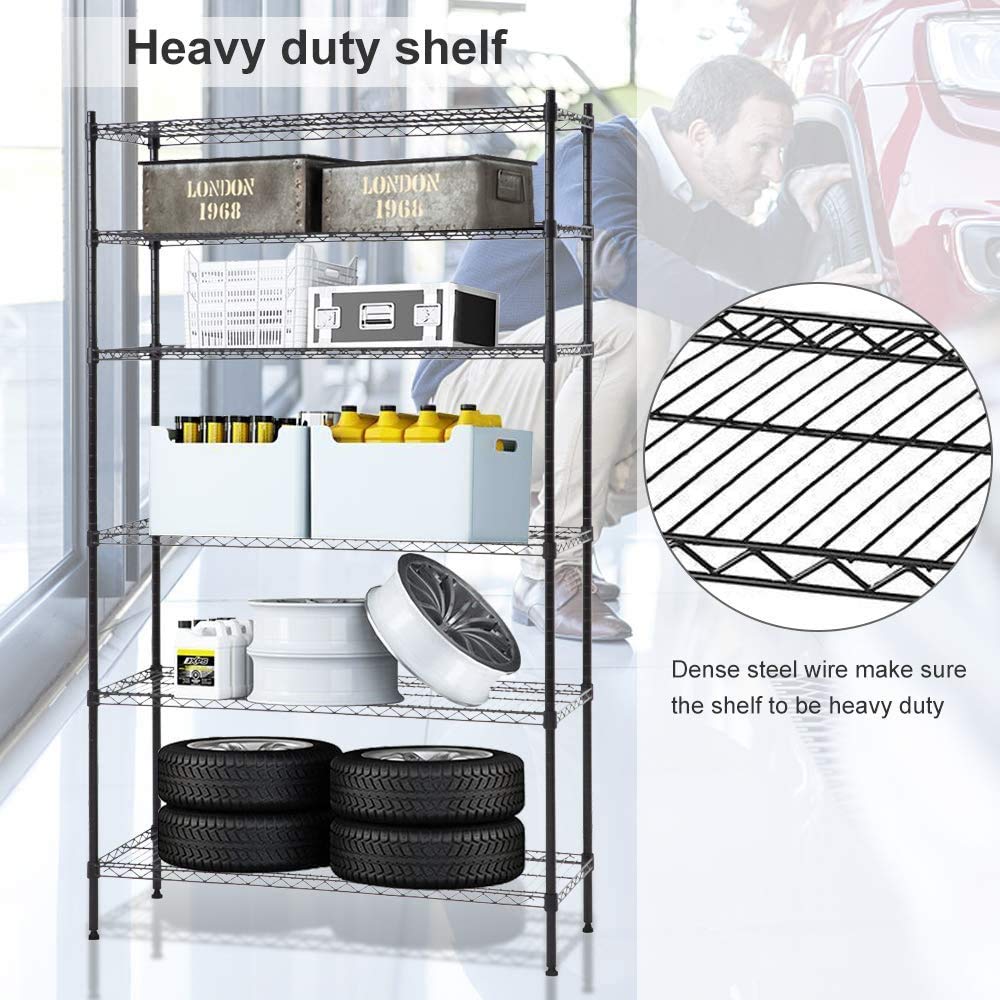 6 Tier Wire Shelving Unit Wire Shelves, NSF Heavy Duty Height Adjustable Storage Wire Shelf Shelving Rack with Feet Leveler Garage Rack Kitchen Rack Office Rack Commercial Shelving (Black 42x16x72)