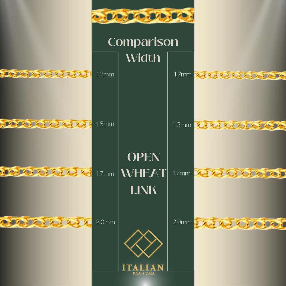 14K Solid Gold Italian Yellow White Gold 1.5mm Flat Open wheat Link Chain Necklace- Made in Italy-14 Karat with Lobster Claw or Spring Ring Clasp Include Gift Box with Order, Metal, not-applicable