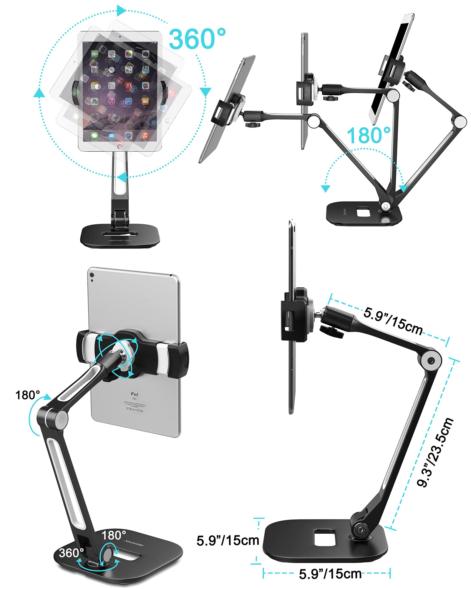 AboveTEK Tablet Stand, Multi-Angle Adjustable iPad Stand Holder, 360° Swivel iPad Stand Aluminum Desk Mount Fits 4”-11"(Diagonal) iPad/Mini/Air/Pro for Business Kiosk Office – Black