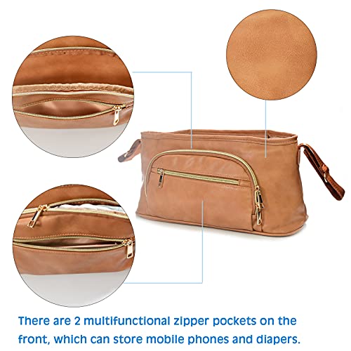 KZNI Leather Baby Stroller Organizer with Insulated Cup Holders,Diaper Storage Secure Straps Pockets for Phone Compact Design Fit All Strollers(brown)