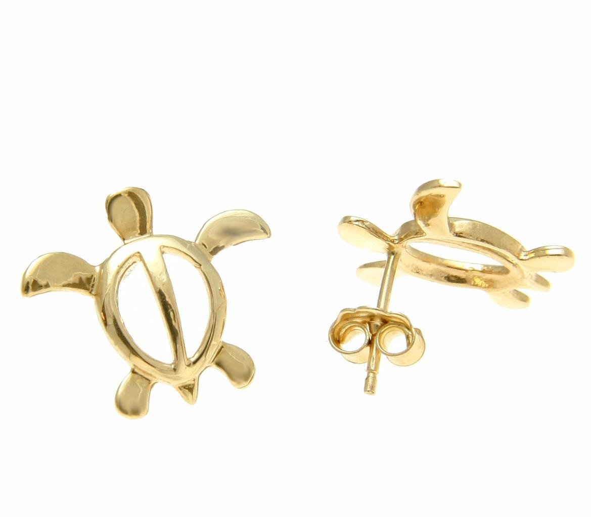14K solid yellow gold shiny Hawaiian medium honu turtle stud post earrings