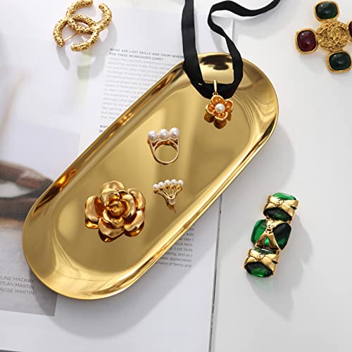 2 Pack Oval Decorative Brass Trays with Mirror Finish, 9”Small Gold Tray with Curved Lip, Dessert Table Serving Platter Vanity Jewelry Metal Tray for Desktop, Exxacttorch
