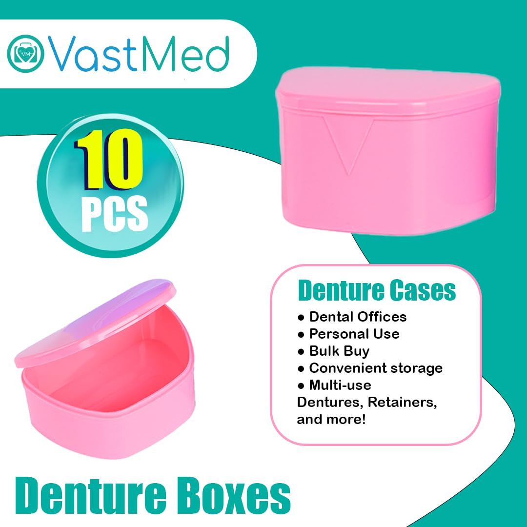 10PCs Dental Grade Trapezoid Denture Bath Case by VASTMED | Retainer Case Tooth Case Denture Box Denture Storage Boxes | Denture Cleaner Cup Travel Portable Denture Box for Home Office