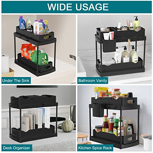 2 Pack Under Sink Organizer, 2 Tier Double Sliding Under Sink Organizers and Storage Multi-Purpose Under Cabinet Storage with Hooks, Hanging Cup, Dividers, for Bathroom Kitchen