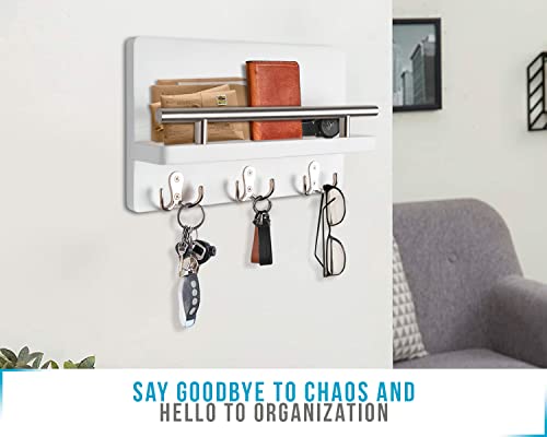 Comfify Key Holder for Wall - Natural Pine Wood Texture, Modern Decorative Finish, Metal Key Hooks with Mail Organizer/Sorter Slot White