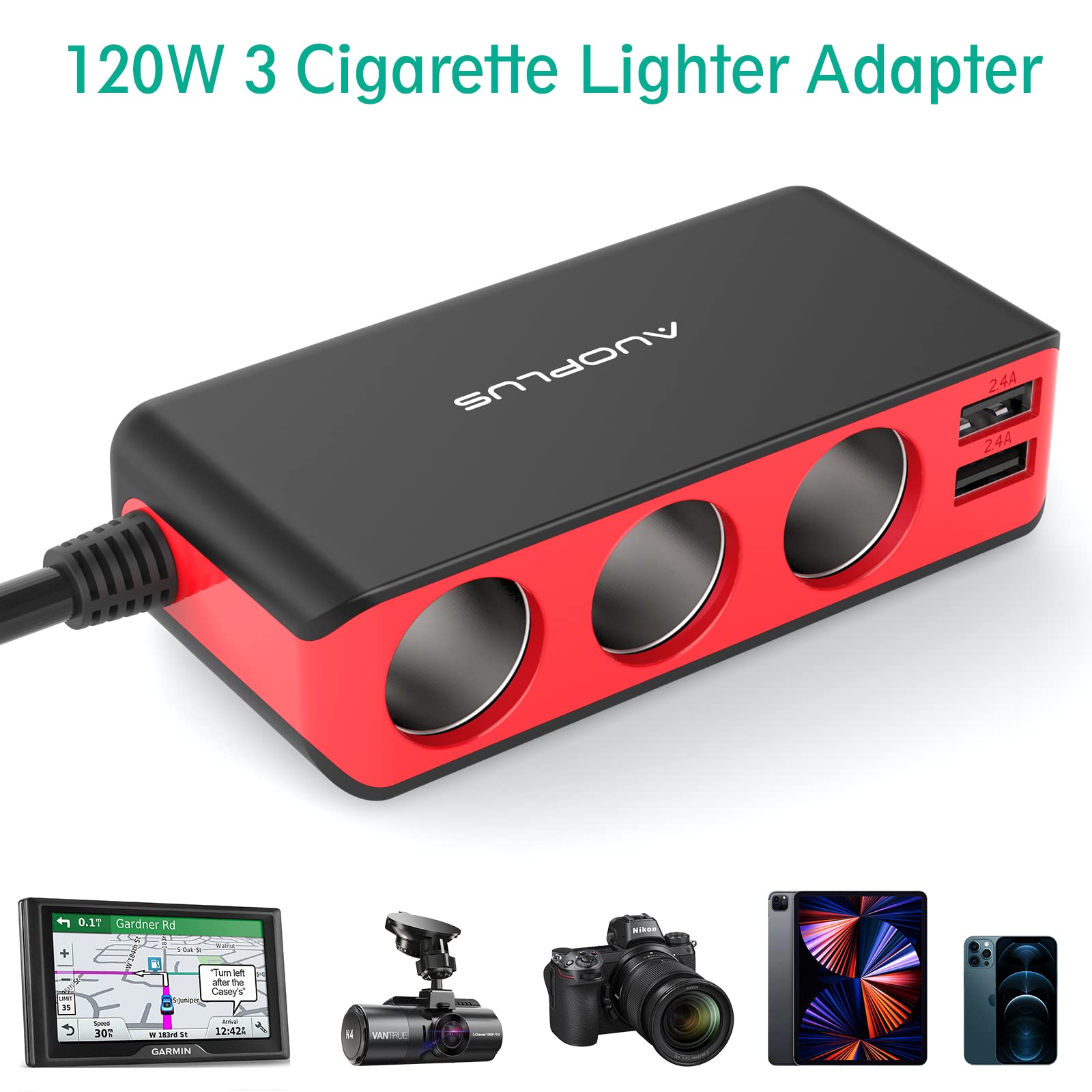 AUOPLUS 120W 3 Socket Cigarette Lighter Splitter Car Charger Adapter, LED Voltage Display Dual 4 USB Chargers(6.8A), Car Charger On/Off Switches 12V for iPhone iPad Samsung GPS Dashcam