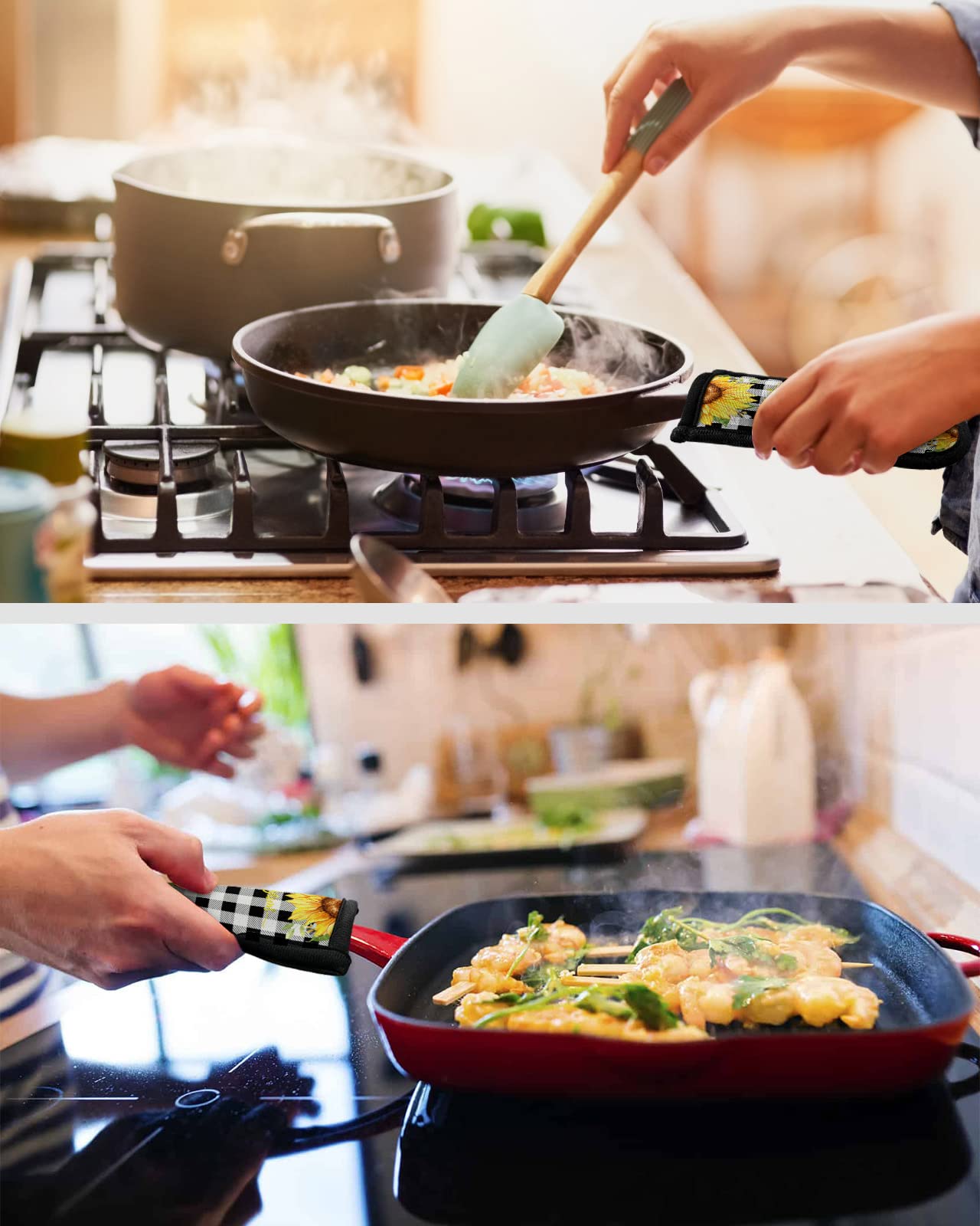 2 Pack Cast Iron Handle Cover, Sunflower Pot Holders Covers Heat Insulation, Spring Floral Summer Botanical Black Plaid Skillet Handle Cover Hot Pan Handle Sleeve for Kitchen Cooking Cookware
