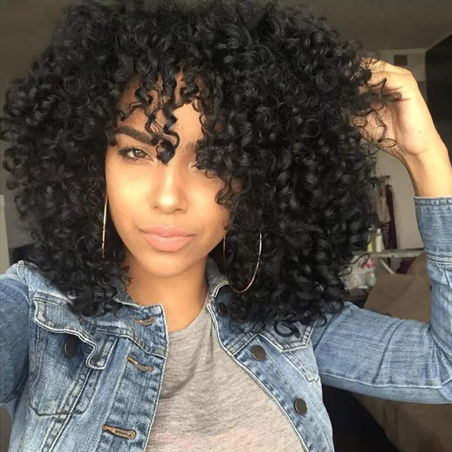 AISI HAIR Curly Afro Wig with Bangs Shoulder Length Wigs Curly Black Wig Afro Kinkys Curly Hair Wigs Synthetic Wig Curly Full Wig for Black Women (Black)âŠ