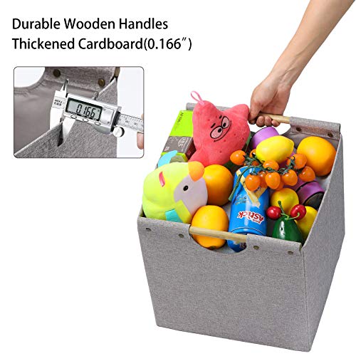 HOONEX Collapsible Storage Bins, 13x13x13in Storage Cubes Linen Fabric, 3 Pack, Storage Baskets with Wooden Carry Handles and Sturdy Heavy Cardboard, for Home, Office, Car, Nursery, Light Grey