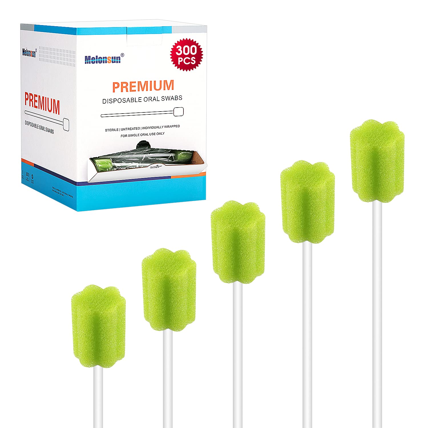 300 Pcs Oral Swabs- Unflavored & Sterile Disposable Mouth Swabs Sponge for Mouth Cleaning- Individually Wrapped (Green)
