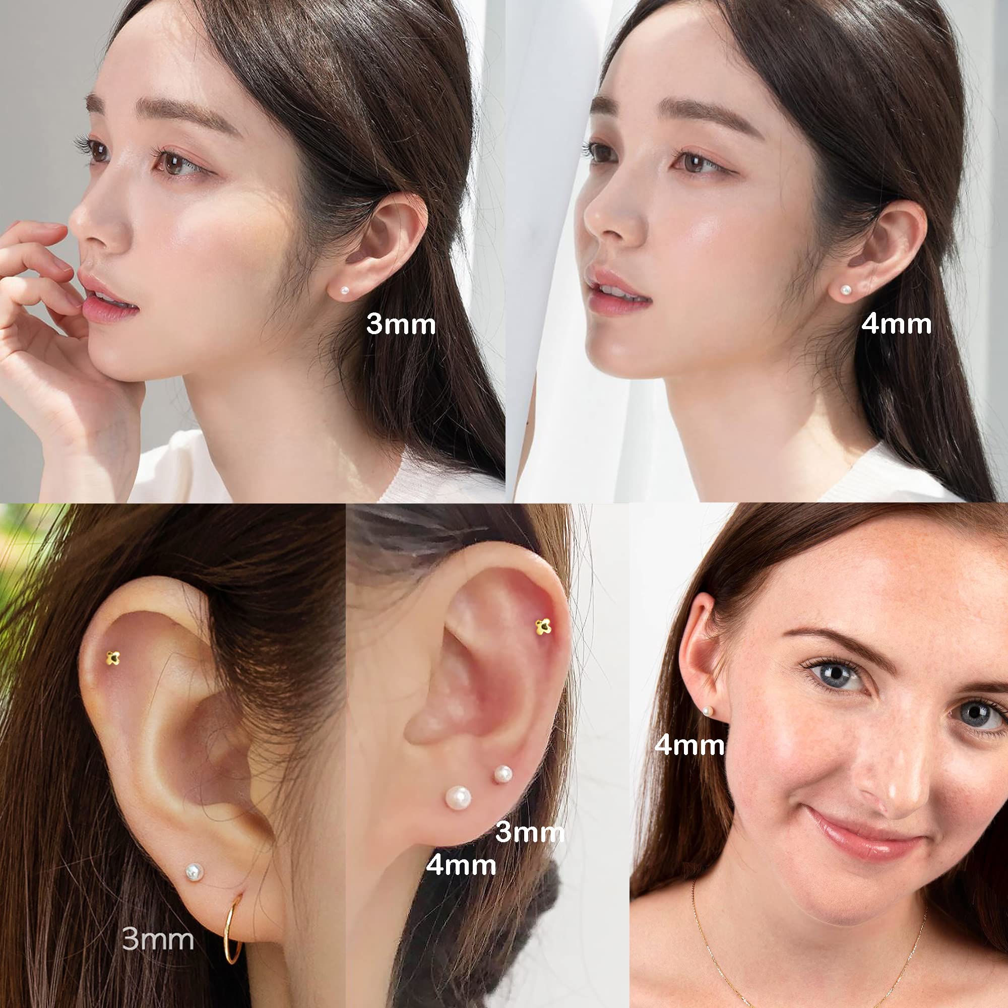 14K Solid Yellow Gold 4mm Small Tiny Swarovski Crystal White Pearl Stud Short Post Earrings for Girl Women