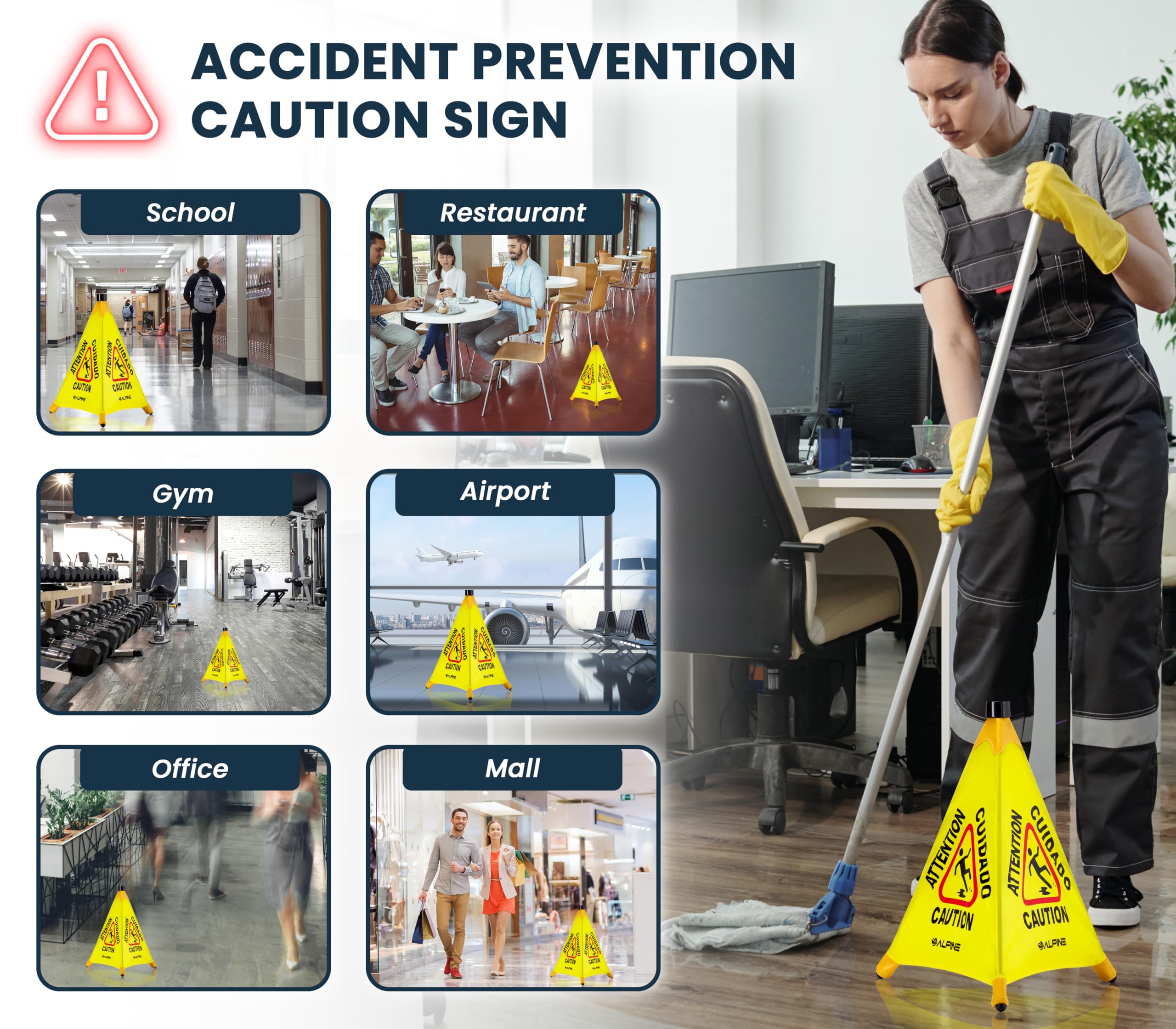 Alpine Caution Wet Floor Sign - Pop Up Slippery When Wet Sign, Wall Mounted Foldable Bilingual Yellow Safety Warning Caution Cone For Commercial & Office Use (30 Inches)