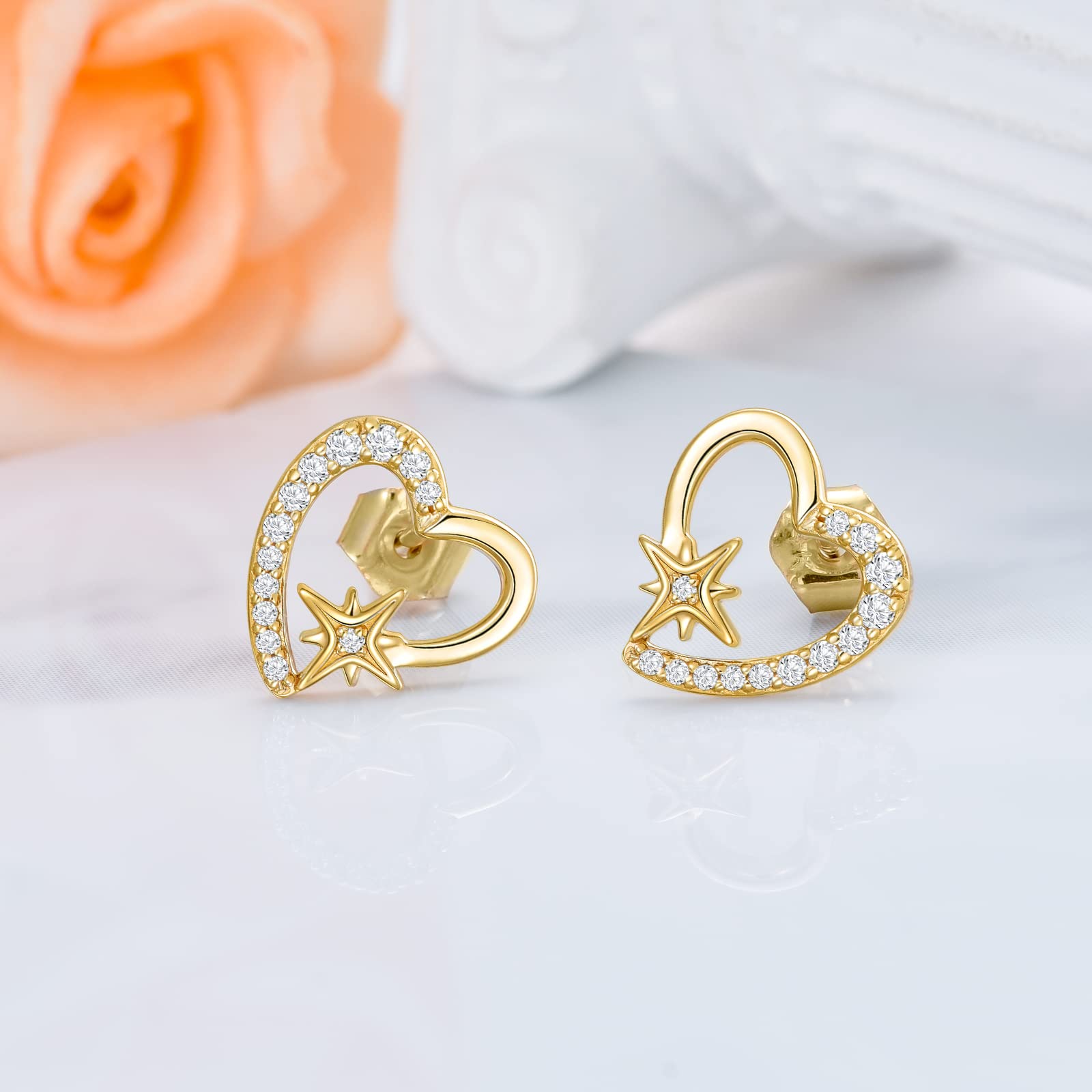 14k Solid Gold Star Heart Earrings for Women Cubic Zirconia Stud Earrings ,Gifts for Valentine's/Anniversary/Mother's Day