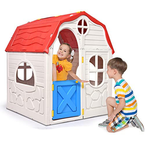 HONEY JOY Outdoor Playhouse for Kids, Cottage Indoor Playhouse with Working Doors & Windows, Pretend Play House Imagination Playset Toy for Toddlers Boys Girls
