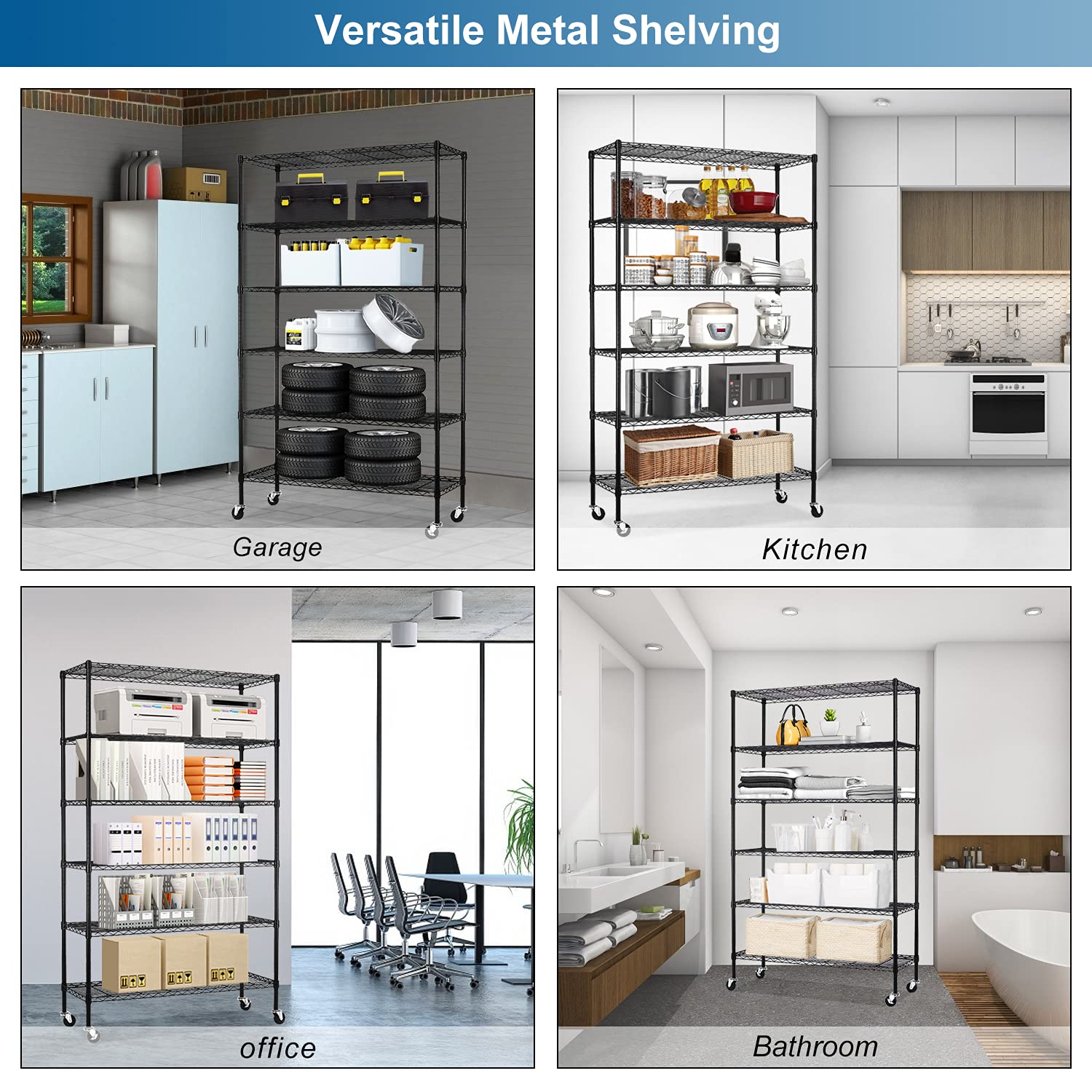 FLL 6 Tier Metal Wire Shelving Unit Garage Shelving Wire Shelving for Garage Kitchen,NSF Certification Metal Storage Shelf Rack Shelf Heavy Duty Shelves Height Adjustable with Wheels,48×18×82,Black