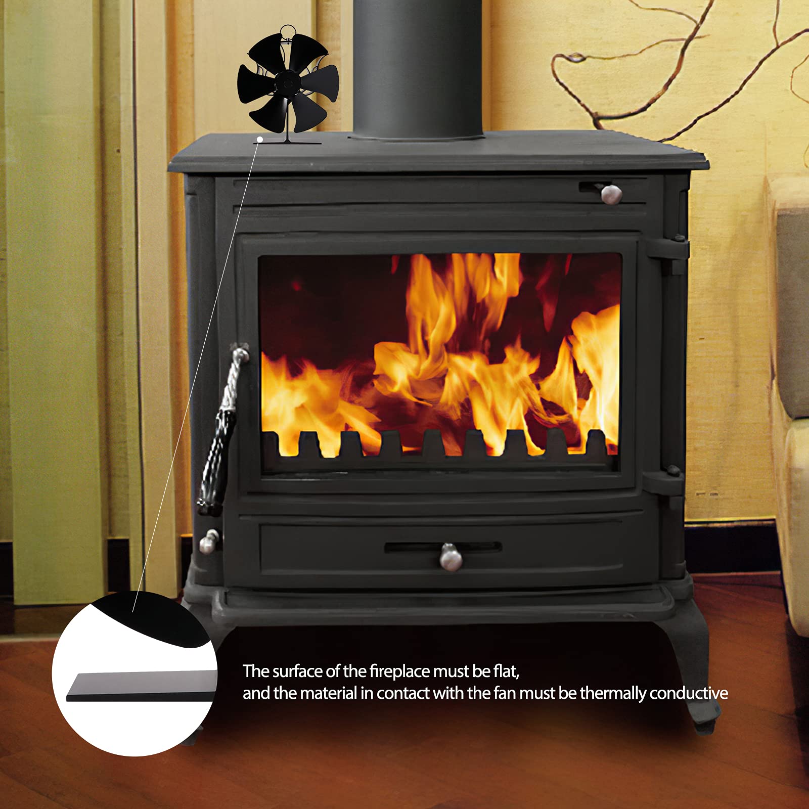 Ahageek Fire Fans for Stove, 6-Blades Stove Fan Silent Operation with Stove Thermometer for Wood/Log Burners/Fireplace Fan/Eco Friendly & Increased Efficient for Large Room