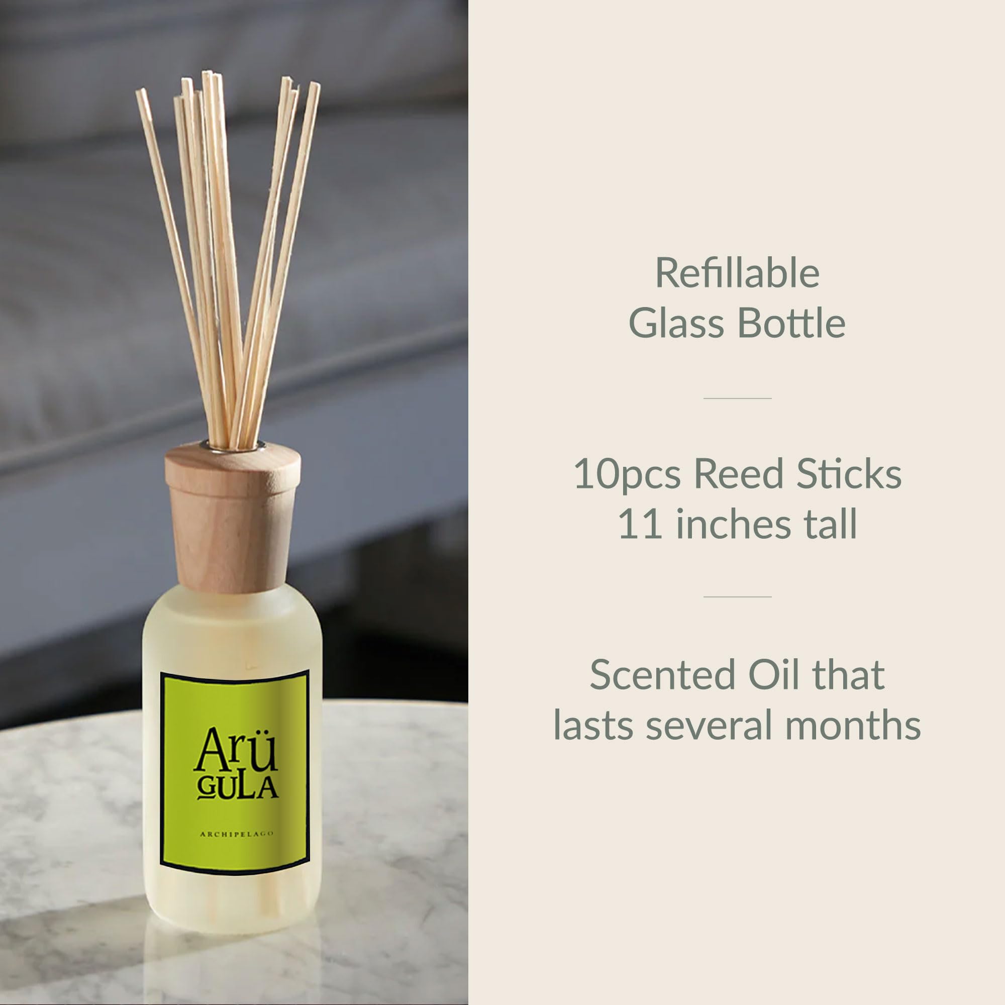 Archipelago Botanicals Arugula Reed Diffuser, Home Fragrance Reed Diffuser, Includes Fragrance Oil, Decorative Wooden Cap & 10 Diffuser Reeds, Perfect for Home, Office or Gift, 7.85 fl oz