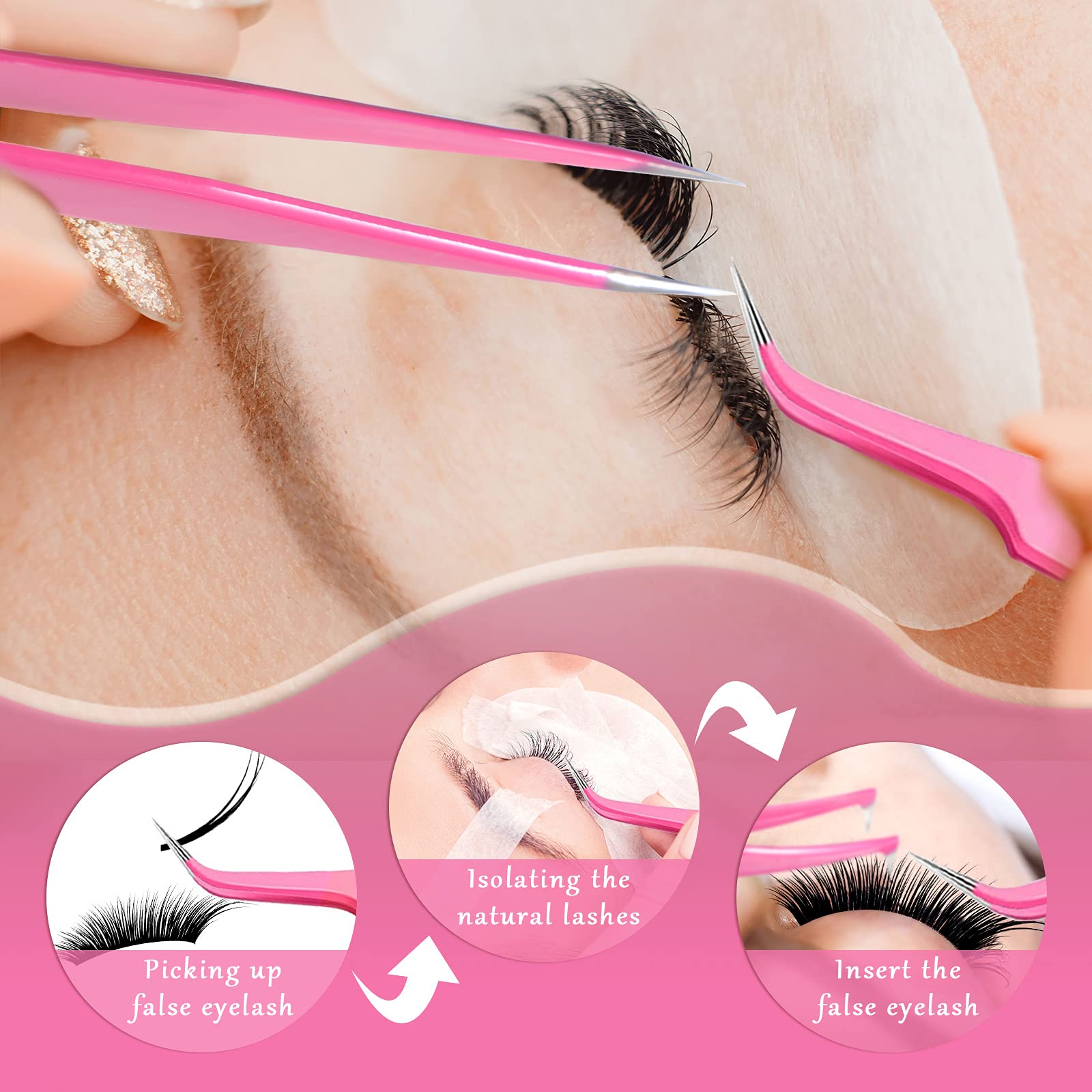 6-Pack Eyelash Extension Tweezers, Stainless Steel Straight Curved Tip Tweezers Single Eyelash False Eyelash Application Tools(Pink)