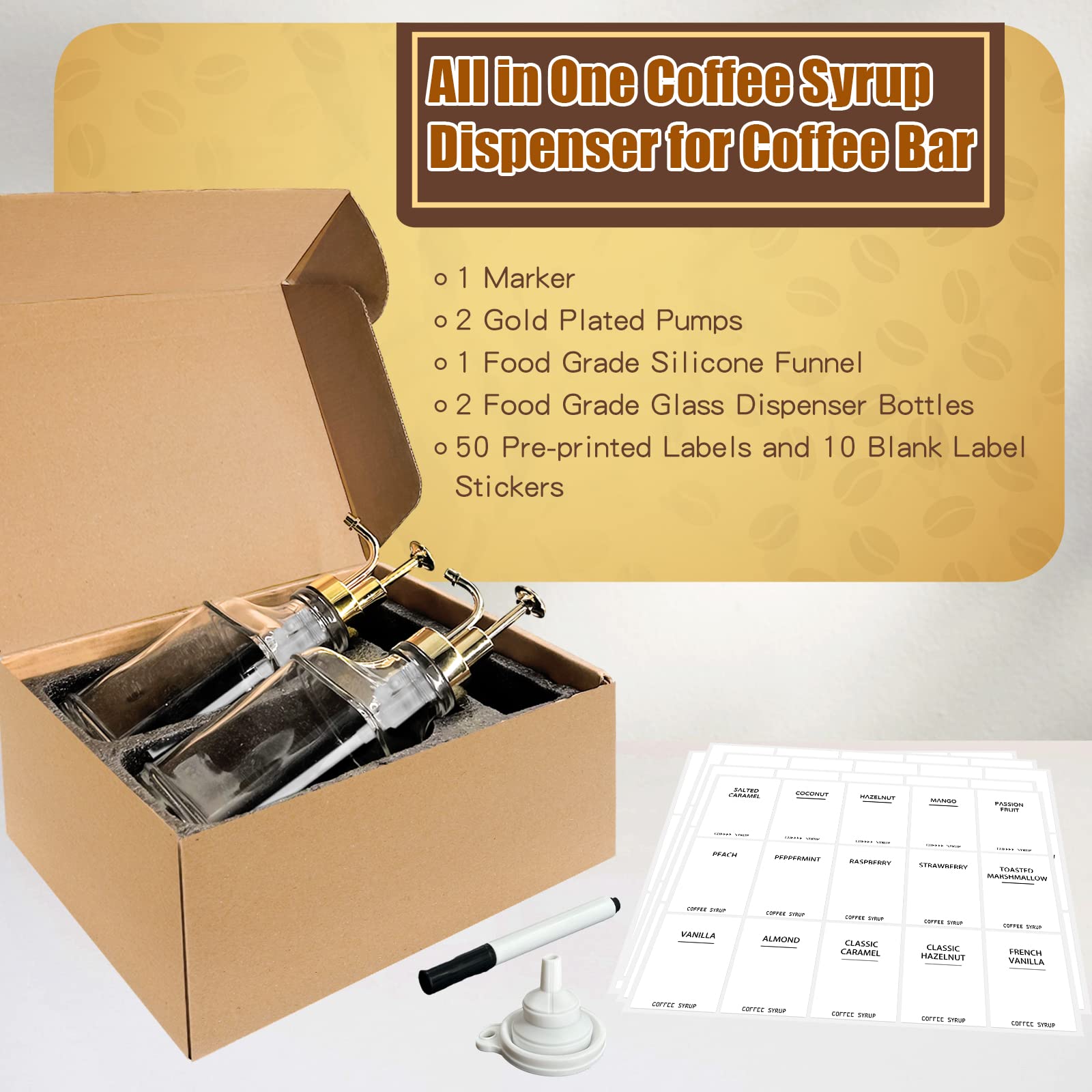 2 Pack 16.9OZ Square Coffee Syrup Dispenser for Coffee Bar with Labels and Gold Pump, 500ML Syrup Bottles for Coffee Bar Home Bar, BPA Free & Durable Transparent Glass Coffee Syrup Dispenser Bottles