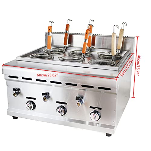 6 Hole Gas Countertop Pasta Cooker Machine with Filter, Cooktop Table Top Noodles Cooking Machine Pasta Makers Pasta Cooking Tool Stainless Steel Dumpling Soup Pot Noodles Maker with 6 Basket