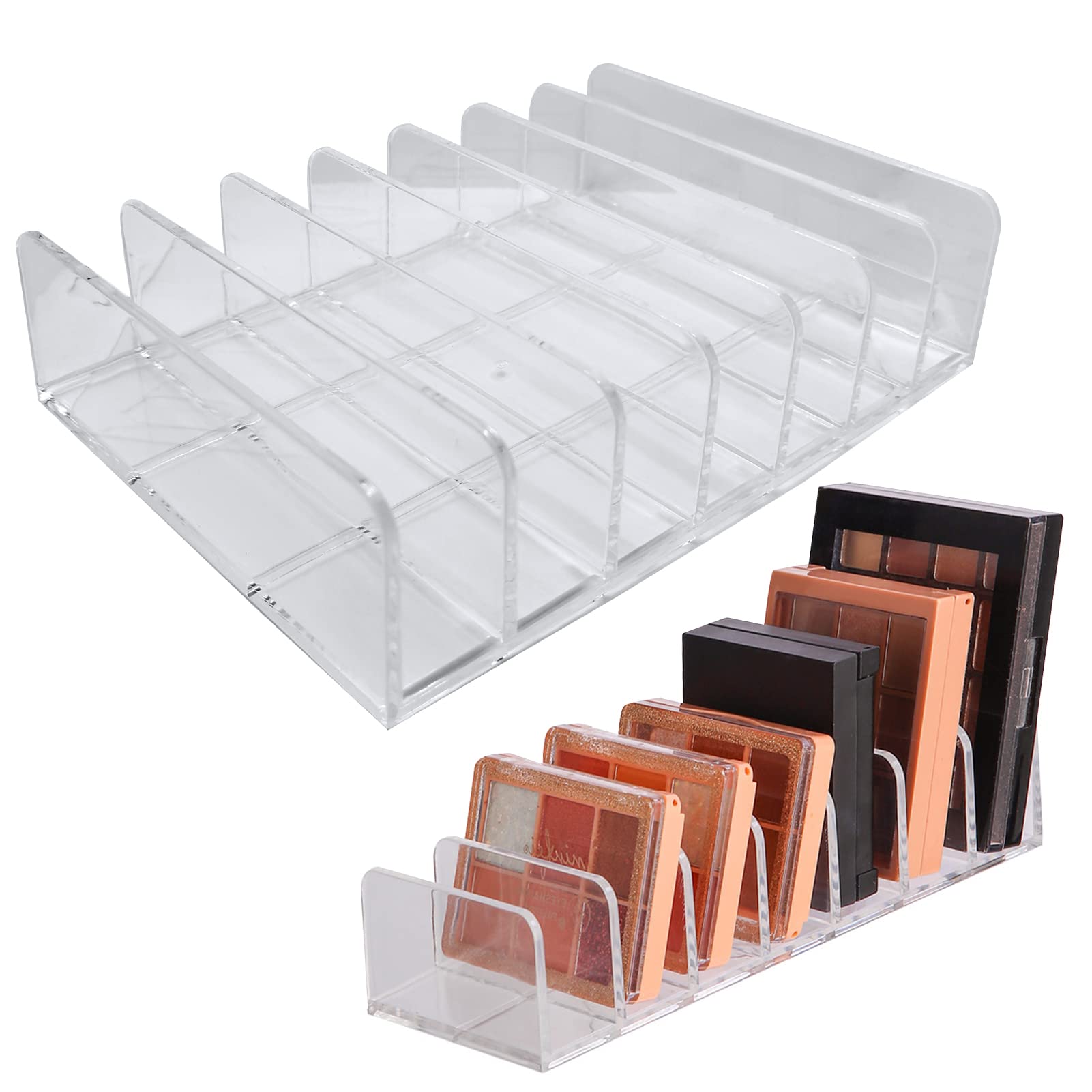 2 Pack Acrylic Eyeshadow Palette Make Up Organizer 7 Section Divided Makeup Holder Display Stand Rack for Eyeshadow Palettes, Cosmetic, Contour Kits, Sunglasses