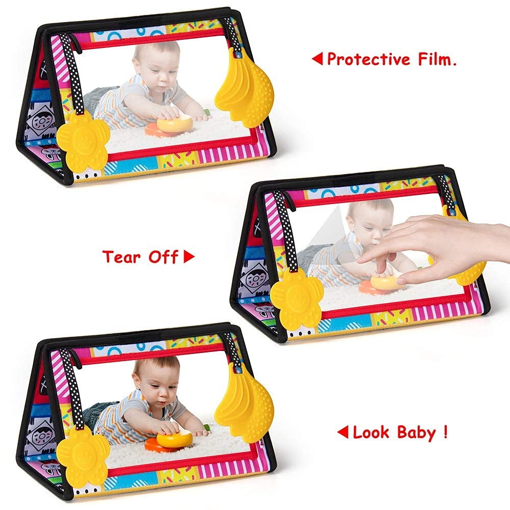 beetoy Baby Tummy Time Mirror Black and White High Contrast Mirror Toys with 10 Flash Cards 2 Teether, Developmental Timmy Time Toys for Newborn Infant 0 3 6 Months Gift