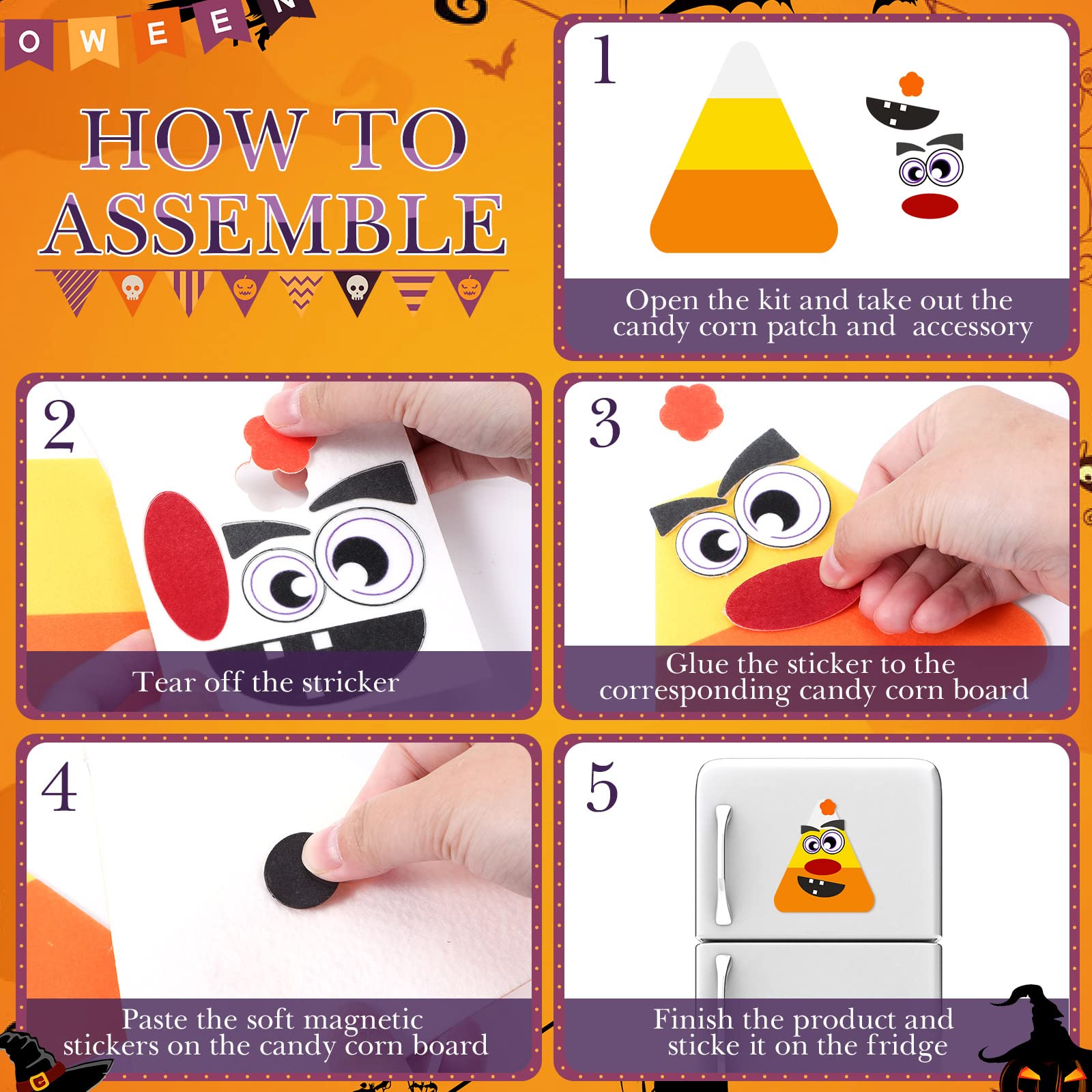 16 Pcs Halloween Crafts for Kids Candy Corn Halloween Craft Kit Toddler Craft Kit DIY Fall Crafts Halloween Candy Corn Magnet Felt Craft Kit for Toddlers Home Activities Fridge Magnet Decoration