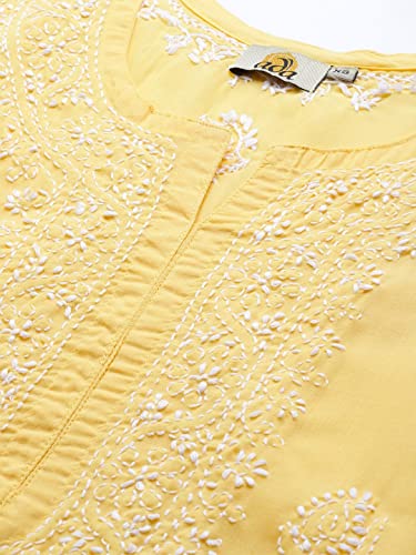 Ada Indian Hand Embroidered Chikankari Women's Cotton Top Tunic Shirt Blouse A911127 (XS, Yellow)