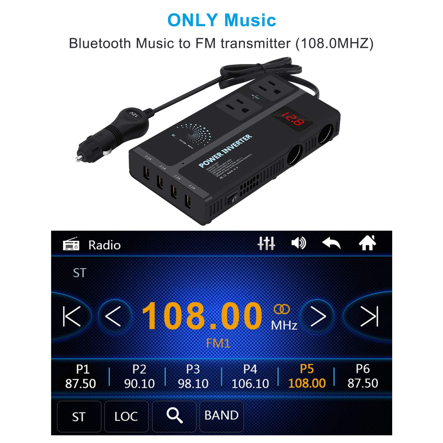 150W Car Power Inverter DC AC Converter 12V to 110V with Four 2.1A Quick Charging USB Charger Adapter, Two 12V Car Cigarette Lighter and Two 115V Outlets