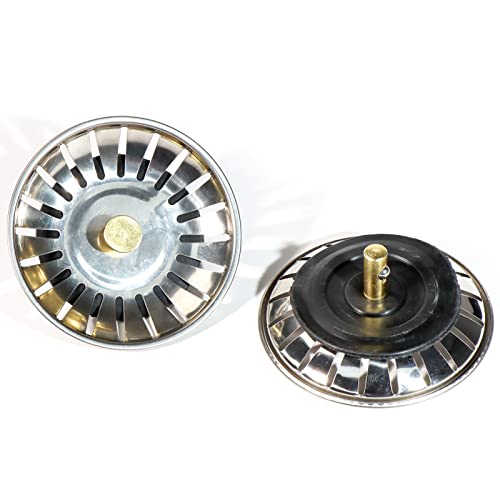 2 Pcs Kitchen Sink Strainer, Stopper Combo Basket Replacement for Standard 3-1/2 inch Drain, Stainless Steel Body with Plastic Knob, Rubber Stopper Bottom