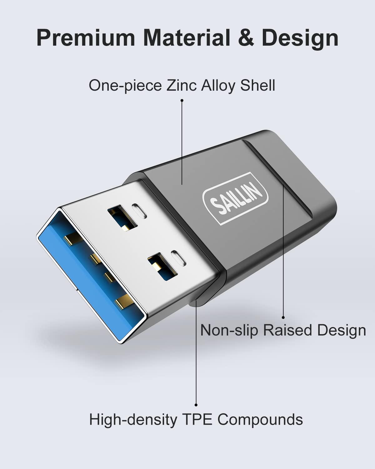 10Gbps USB C Female to USB Male Adapter 2 Pack, SAILLIN Zinc Alloy Double-Sided USB A to USB C Adapter with High-Speed Data Transfer & Stable Charging for Laptop, Charger, Power Bank, Quest Link- Grey