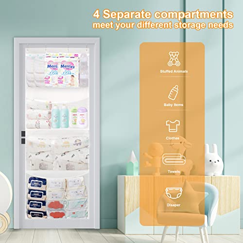 Adgoaler Stuffed Animal Storage, Over Door Stuff Animals Organizer with 4 Large Pockets for Kids Plush Stuffies, Hanging Toy Plush Storage for Nursery, Bedroom, Easy Installation (White)