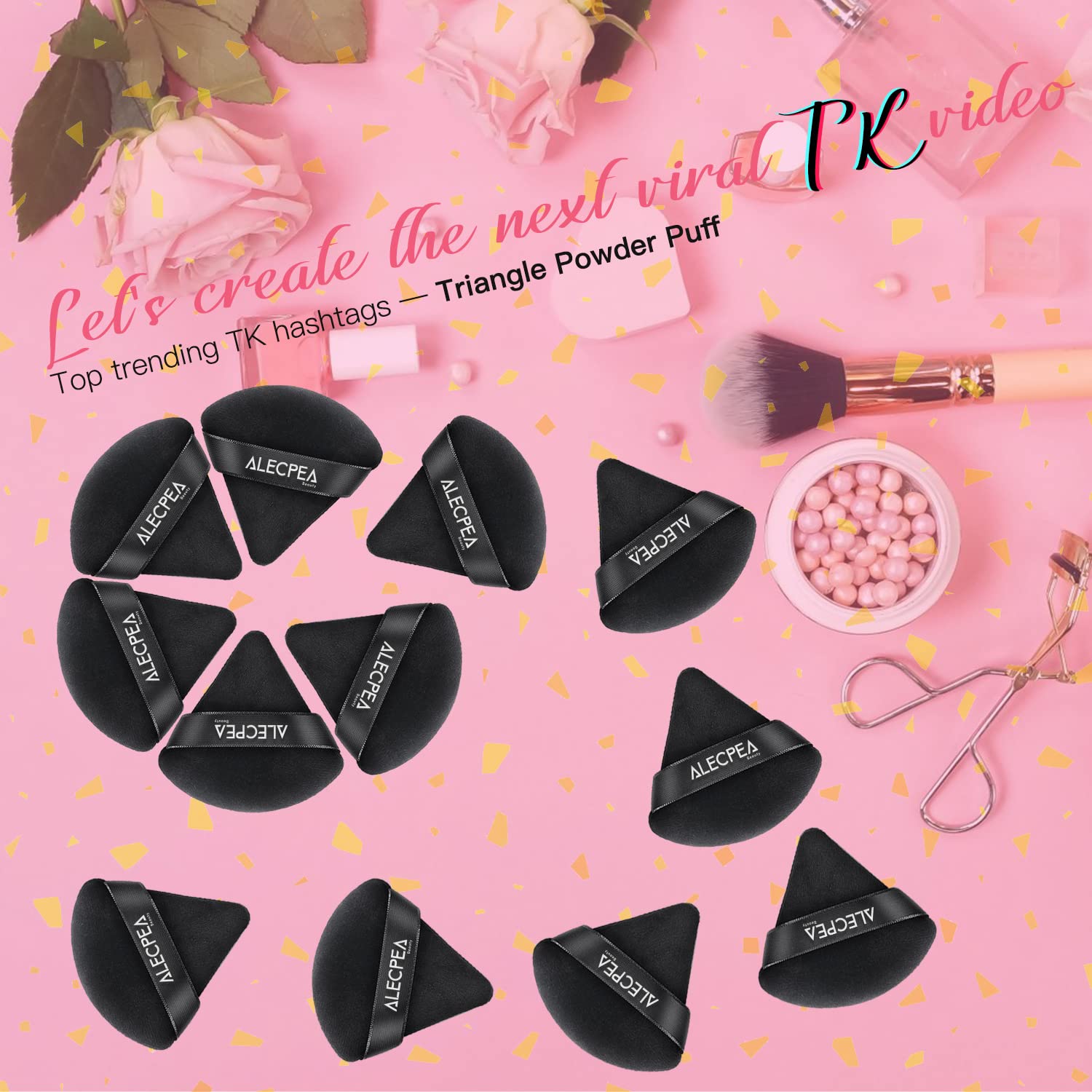 12 Pcs Velour Makeup Powder Puff, ALECPEA Triangle Powder Puff for Loose Powder Cosmetic Foundation Beauty Blender Sponge Makeup Tools for Contouring, Under Eyes and Corners - 2.76inch, Black