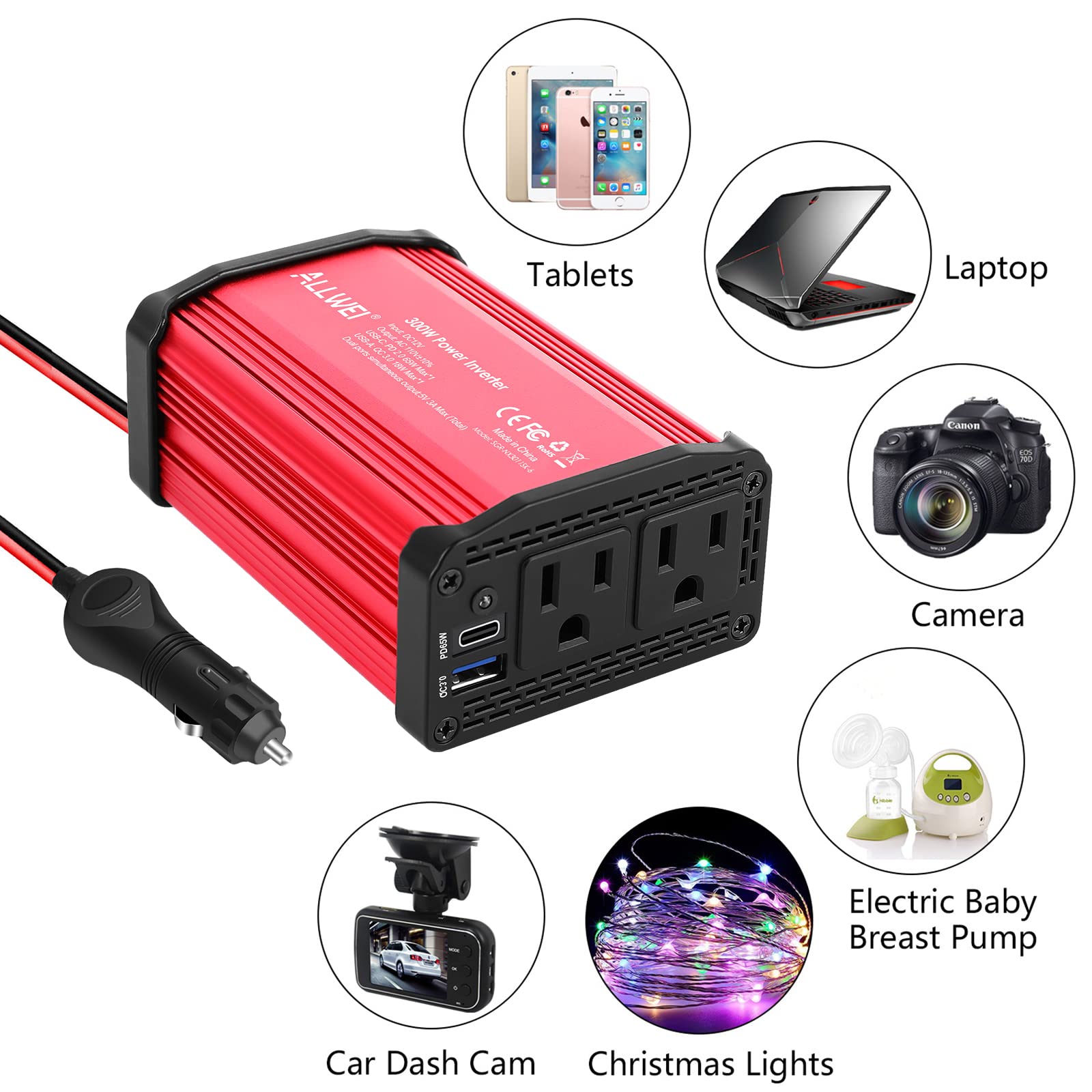 300W car Power Inverter with USB-C PD65W and 230W Power Voltage Converter 220V to 110V