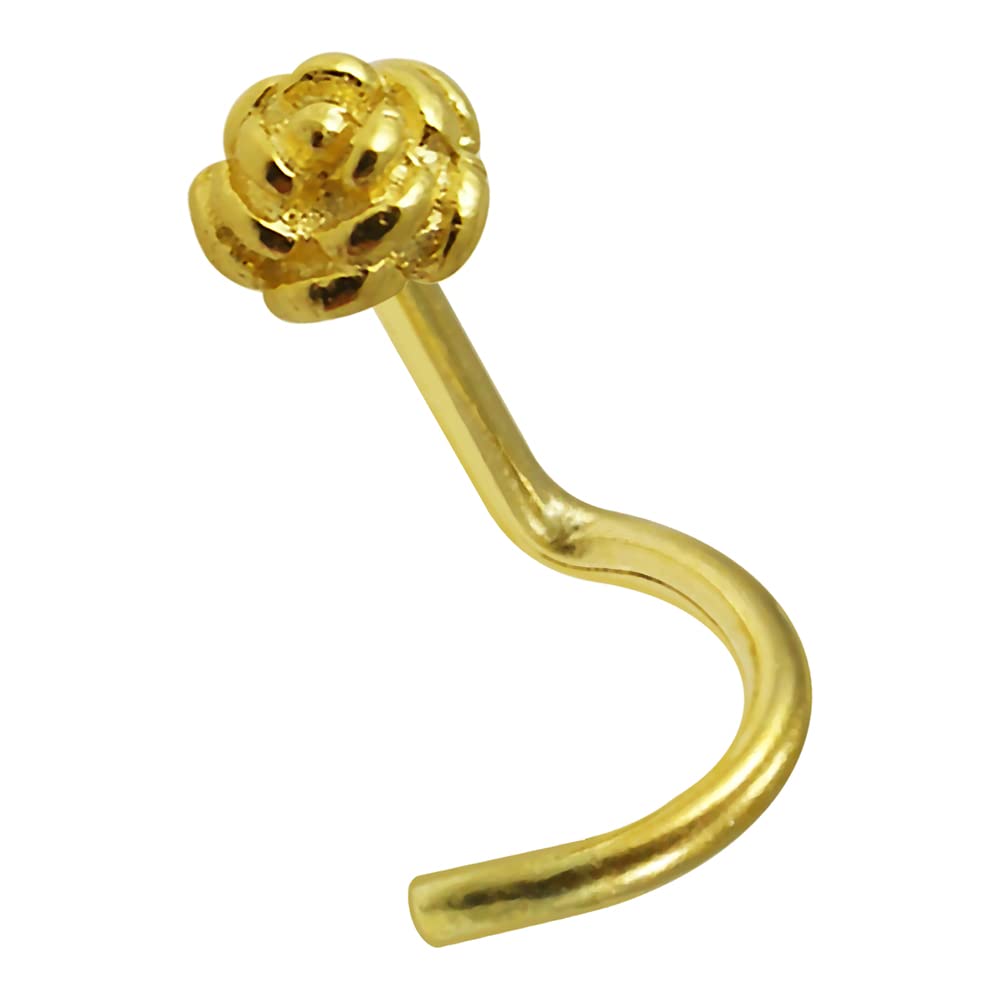 14K Solid Yellow Gold 3D Embossed Rose 20 Gauge Screw Nose Stud Piercing Jewelry