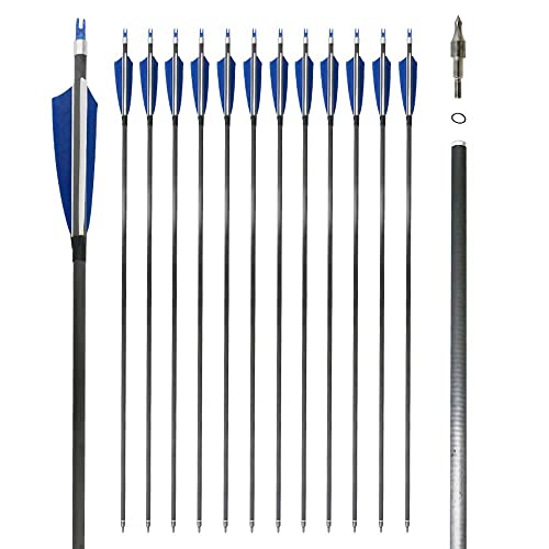 12Pack 30-inch Carbon Arrow with 4" Turkey Feathers, Hunting/Targeting Arrow for Compound Recurve Longbow (Blue)