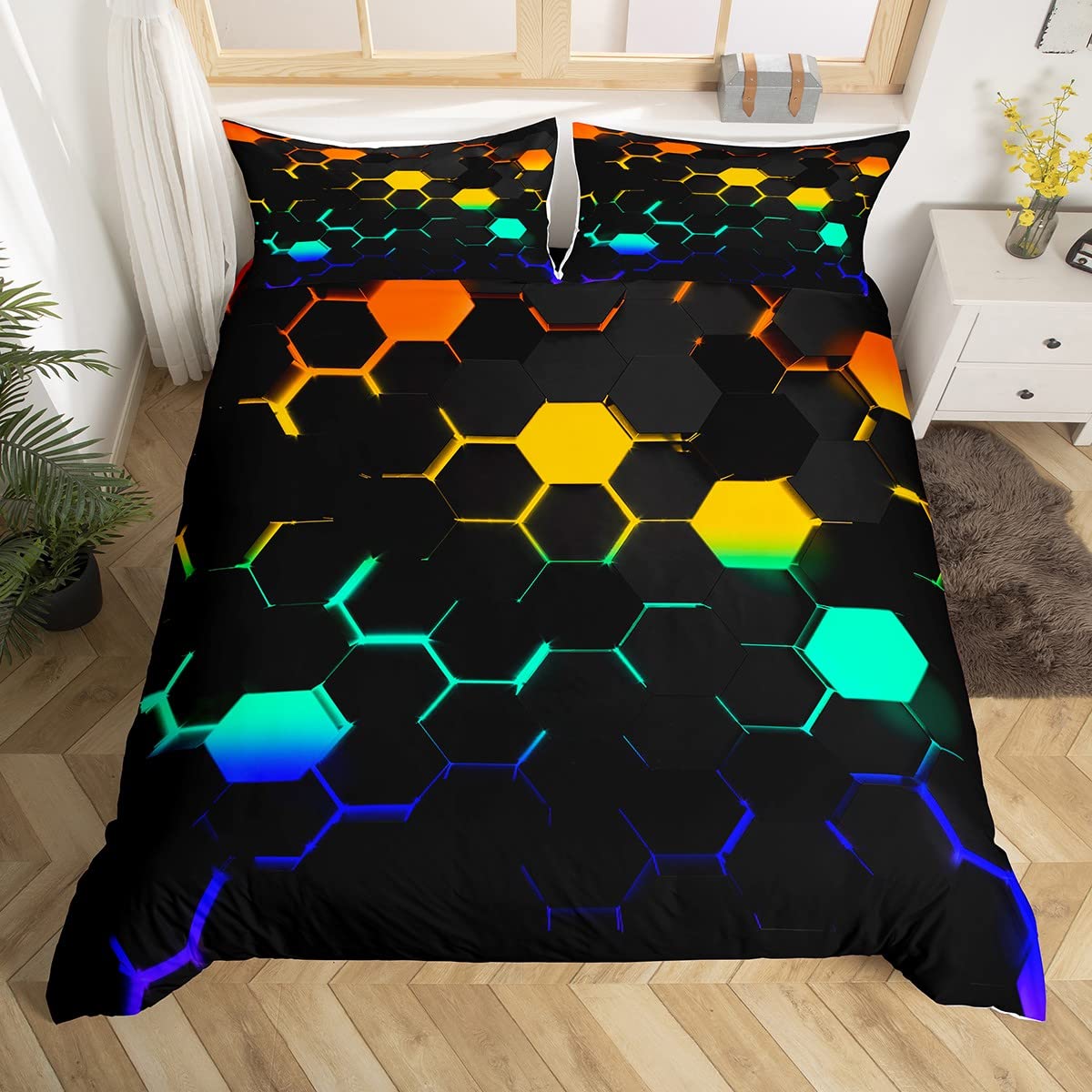 3D Honeycomb Duvet Cover Set Twin Size,Colorful Neon Light Hexagon Bedding Set 2pcs Kids Boys Teens Girls Bedroom Decor Fashion Geometric Comforter Cover Black Cool Gaming Quilt Cover,1 Pillowcase
