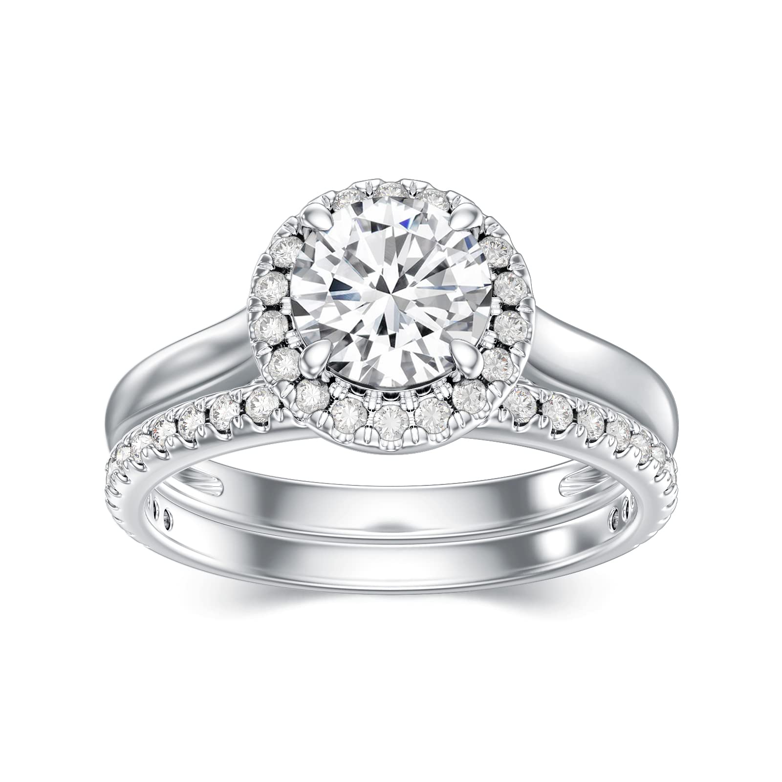 10k 14k 18k Real Gold 1-2/5 ct. tw. Moissanite Bridal Sets Ring for Women, Two-in-One Halo Wedding Engagement Ring Set, Personalized Engraving Name Ring (White Gold-Size 7)