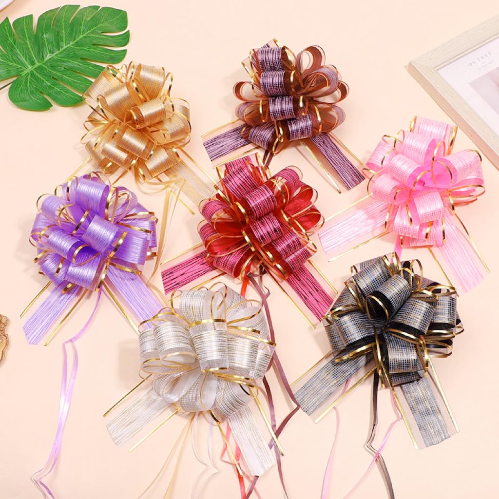 10PCS Gold Gift Bow for Gift Wrapping, 4 Inches Tree Bark Vein Grid Pattern Pull Bow, Flower Decoration for Christmas Presents and Basket, for Holiday Package Birthday(Gold)