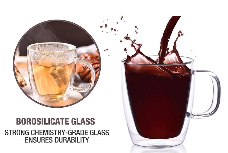 2 Pack -12 oz Clear Double Wall Glass Coffee Mug with Lid | Insulated Heat Proof Glass Tea Cup Mug with Handle | Perfect for Cappuccino Tea Latte Hot Beverage Wine Microwave Safe