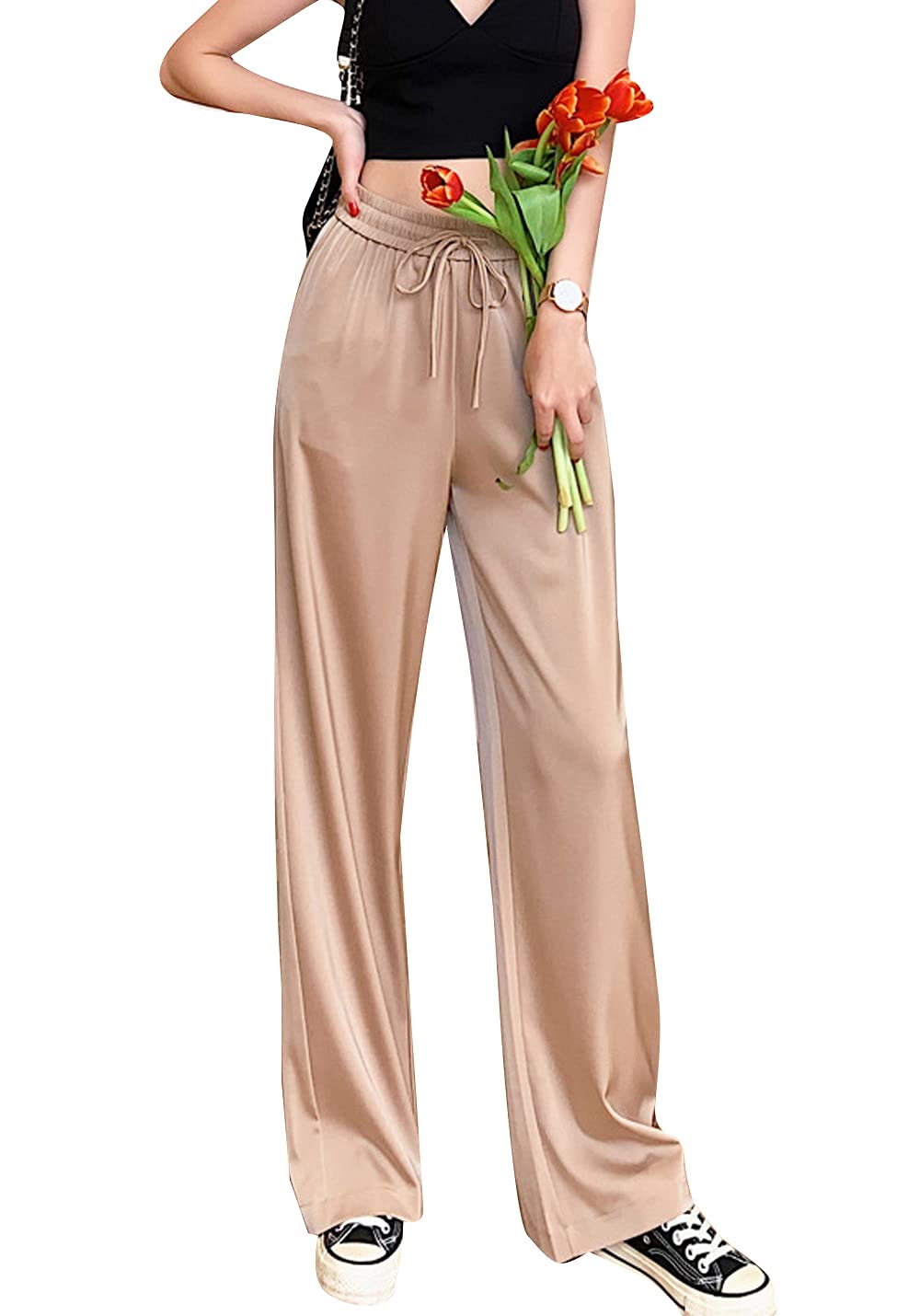 Snoly Women's Summer Ice Silk Pants High Waist Wide Leg Full Length Loose Casual Sweatpants (Beige, Small, s)