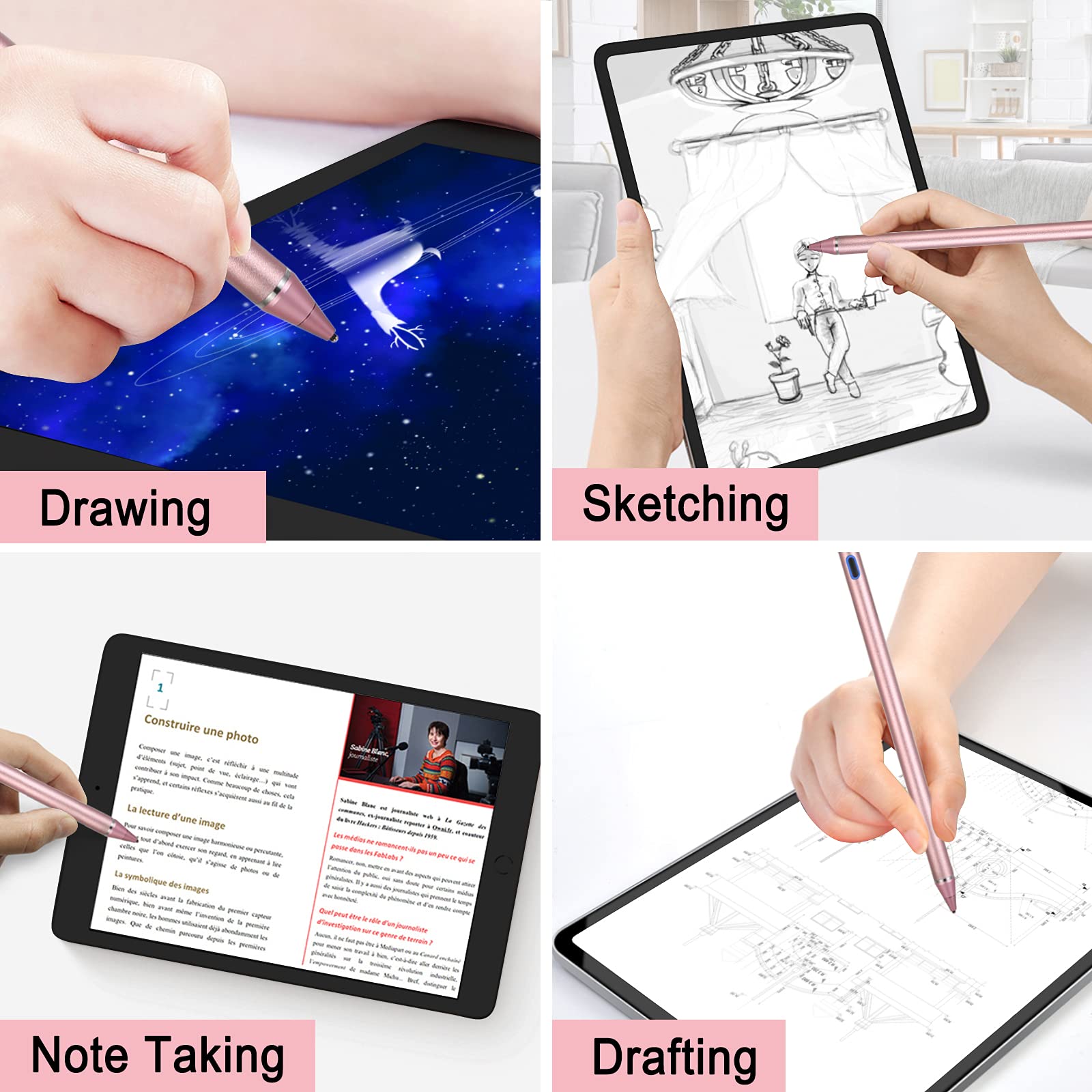 Stylus Pens for Touch Screens,Active Stylus Compatible for Apple iPad,Rechargeable 1.5mm Fine Point Smart Pencil Digital Compatible iPad and Most Tablet,for Drawing and Handwriting (Pink)