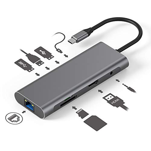 Coredot USB C Hub,9-in-1 USB C Adapter,with 4K Type C to HDMI,SD/TF Card Reader,3 USB 3.0 Prots,3.5mm Audio Port,100W Power Delivery for MacBook/IPad Pro/XPS/Type C Devices (Grey)